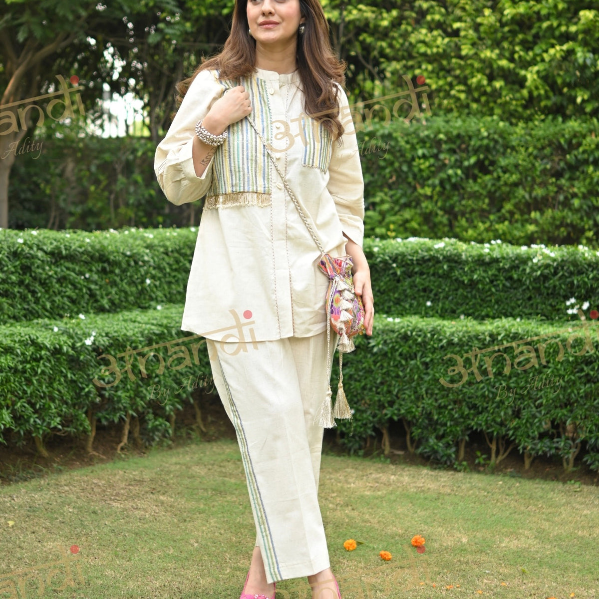 IVORY STRIPED EMBELLISHED SET – Anandi Luxe